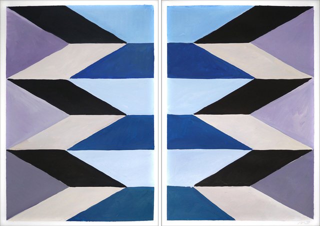 Natalia Roman, Surreal Stairs Mirage Diptychon in Blau, Lila und Schwarz, 2022, Acryl auf ...