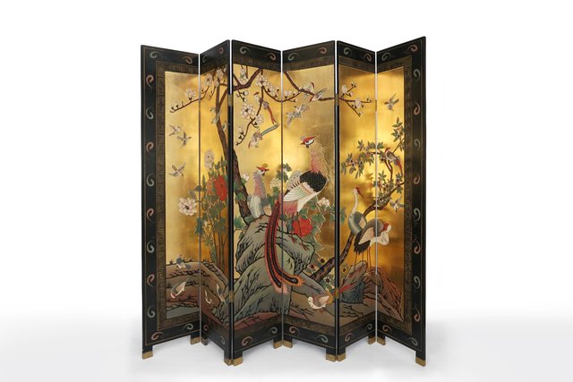 Large Chinese 6-Panel Gold Leaf and Black Lacquer Folding Screen / Room ...