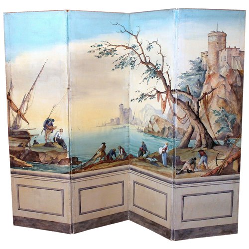 Early 20th Century French Tempera on Canvas Folding Screen with ...