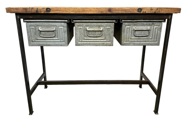 Industrial Worktable with Three Iron Drawers, 1960s for sale at Pamono