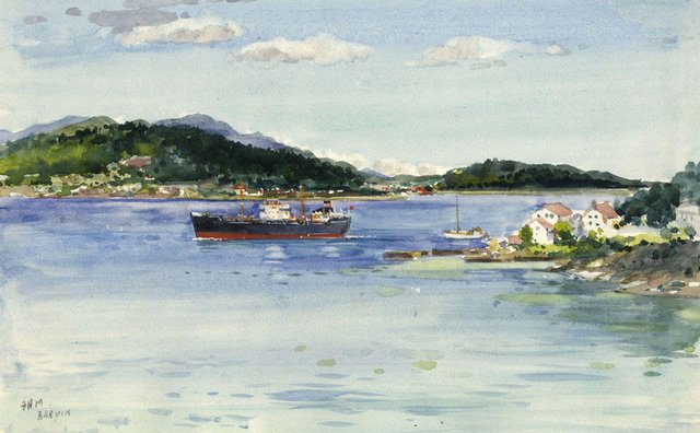Frank Henry Mason RBA, Schiff, Brevik, Norwegen, 1957, Aquarell bei ...