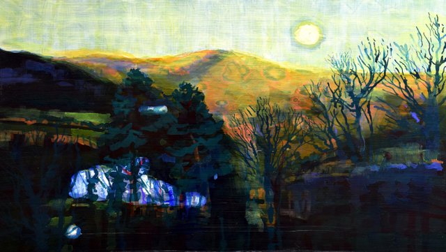 Andrew Francis, Pont Ceri Sunset, 2021, Öl an Bord, Gerahmt bei Pamono ...