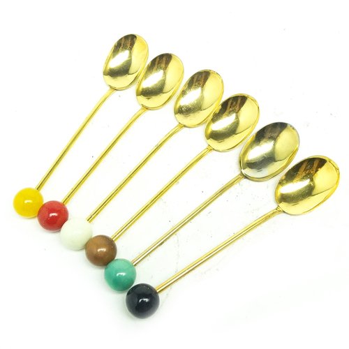 Vintage Pop-Art Mocca Spoons in Brass, 1920s, Set of 6 for sale at Pamono