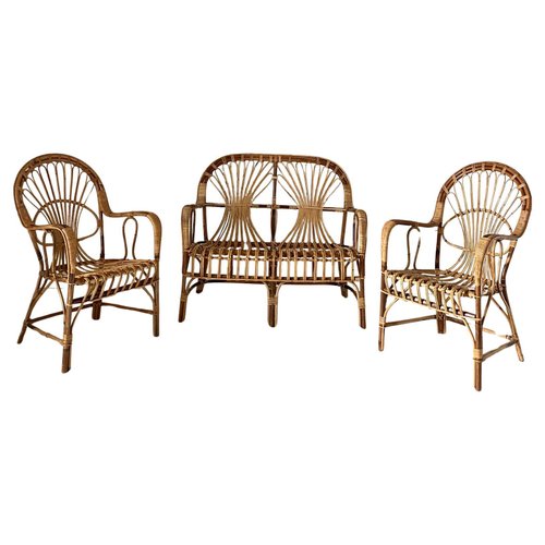 Sofá y butacas de bambú y mimbre, años 60. Juego de 3 en venta en Pamono