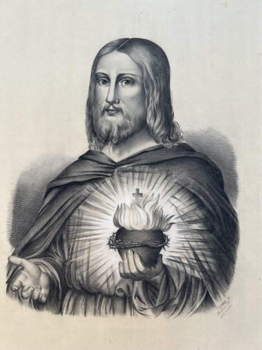 Large Drawing Sacred Heart of Jesus Christ, 19th Century for sale at Pamono
