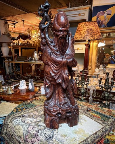 Large Chinese Carved Statue in Wood, 1970s for sale at Pamono