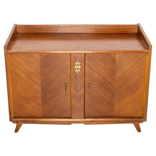 Französischer Mid-Century Iroko Furnier & Messing Bar Cocktailschrank ...