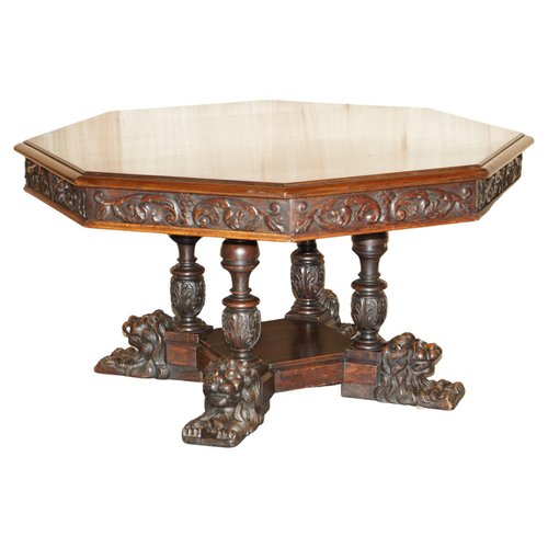 Mesa de centro victoriana antigua de renacimiento gótico tallada a mano ...