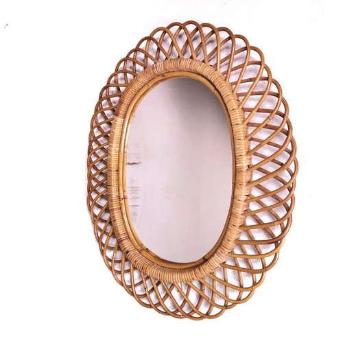 Vintage Oval Mirror in Wicker, Bamboo & Rattan, 1950s for sale at Pamono