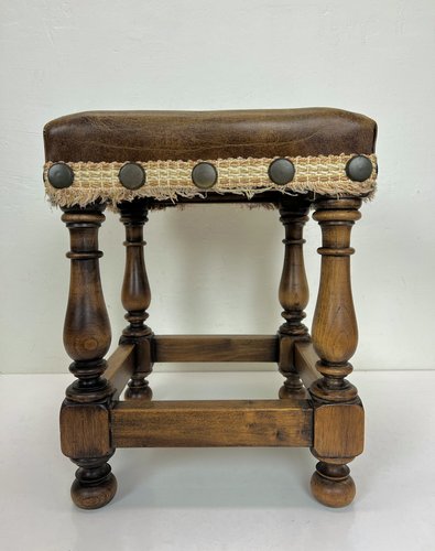 Mid-Century Oak and Leather Stool in Spanish Style, 1970s for sale at ...