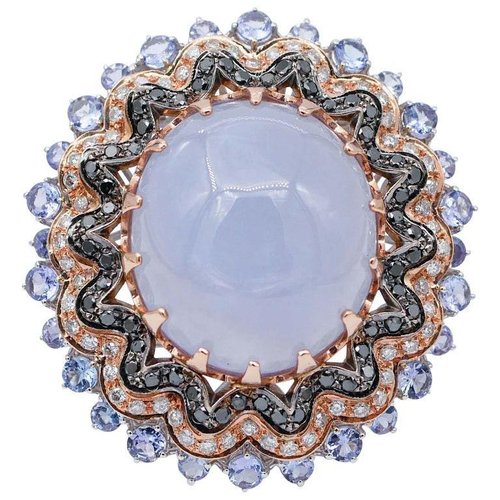 Anello in oro bianco e rosa a 18 carati con calcedonio e diamanti, anni ...