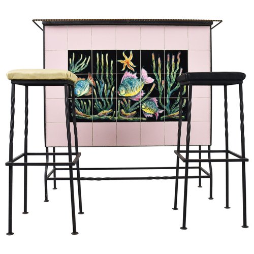 Mid-Century Bar Theke und Hocker, 1960er, 3er Set bei Pamono kaufen