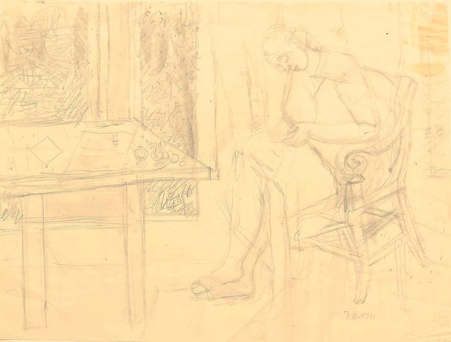 Jeanne Daour, Interior, Drawing in Pencil, 1941 for sale at Pamono