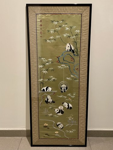 Framed Embroidered Silk Panda Bear Panel, 1935 for sale at Pamono