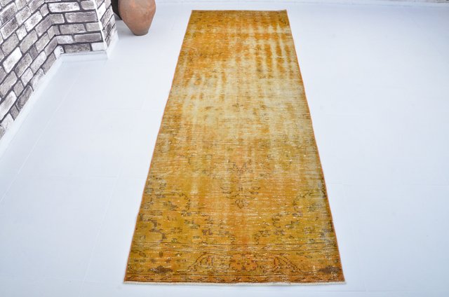 Long Vintage Yellow Mustard Faded Hallway Runner Rug for sale at Pamono