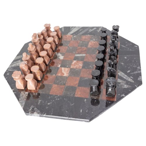 French Octagonal Chess Board in Red and Black Marble, 1980s, Set of 33 ...