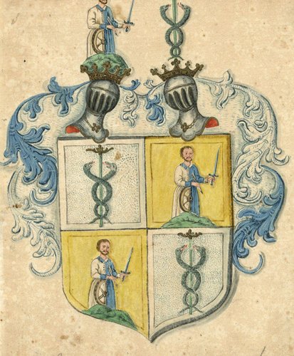 Leopold Billek, mittelalterliches Wappen, 1820, Original Aquarell bei ...