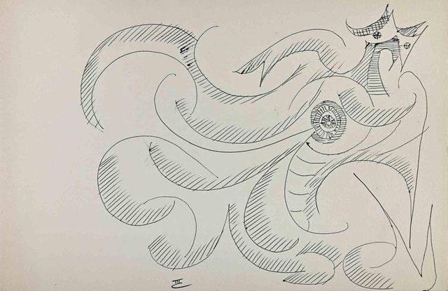 Michel Cadoret, Abstract Composition, China Ink Drawing, Mid-20th ...