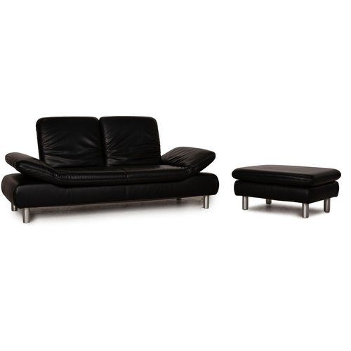 Rivoli Set 2-Sitzer Sofa & Fußhocker aus schwarzem Leder von Koinor ...