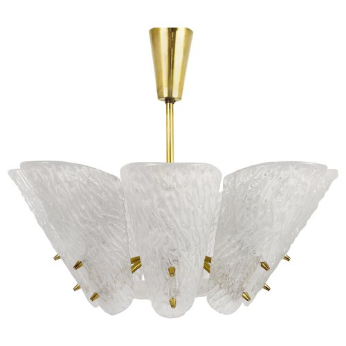 Mid-Century Brass Chandelier with White Textured Glass Lamp Shades ...