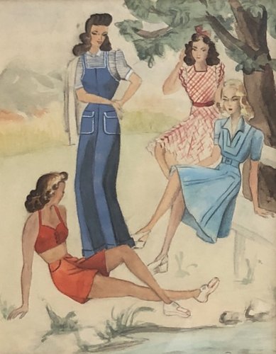 John Reitz, Dames en conversation, Mixed Media on Paper, Framed for ...