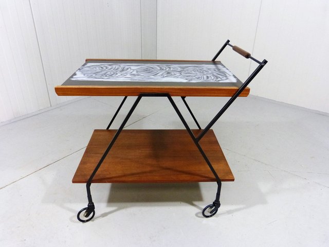 Teak Trolley with Botanical Tile Top, 1960s for sale at Pamono