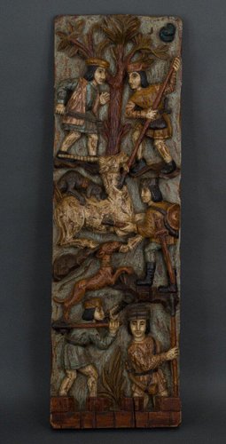 20th Century Hunting Carved Wood & Polychrome Medieval Characters Panel ...
