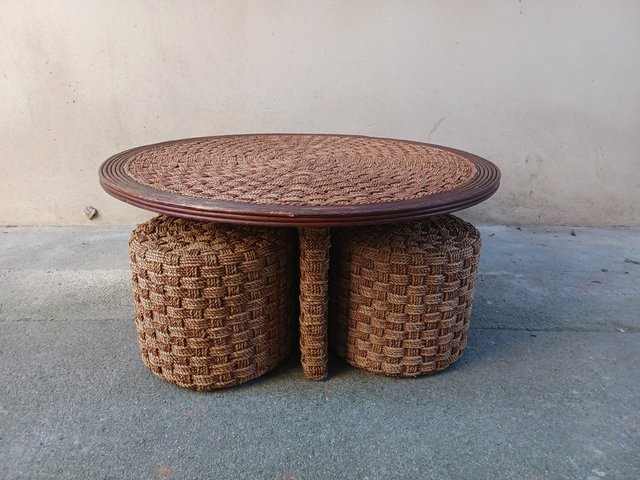 Rope Coffee Table and Stools, 1970s, Set of 5 for sale at Pamono