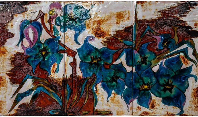 Wall Mounted Blue Flower Ceramic Tile, 1970 for sale at Pamono