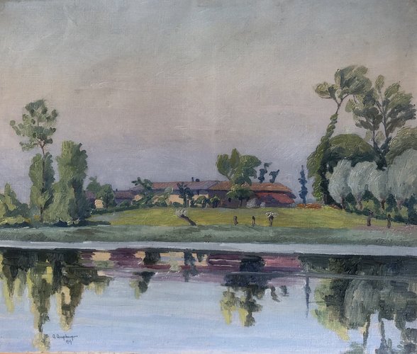 A. Augsburger, Paysage au bord du lac, 1927, Öl auf Leinwand bei Pamono kaufen