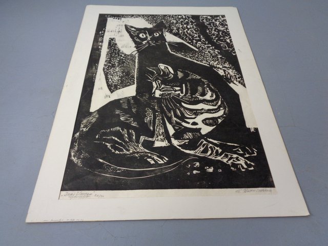 Gerhart Bettermann, 2 Cats, 1980s, Woodcut for sale at Pamono