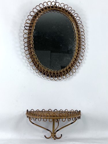 Mid-Century Italian Shelf Console Table with Wall Mirror in Rattan and ...