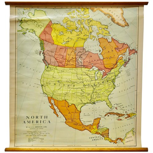 Large University Chart Political Map of North America by Bacon, 1920s ...