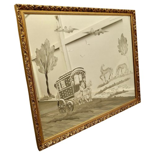Folk Art Engraved Mirror with Horse Drawn Romany Caravan, 1960s for ...