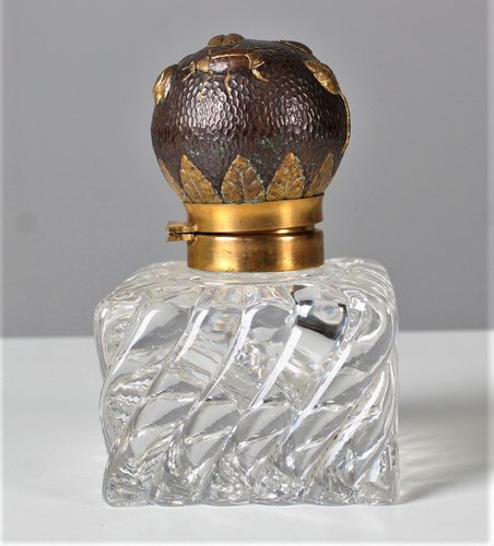 Antique Inkwell in Crystal Glass and Bronze with Floral and Beetle ...