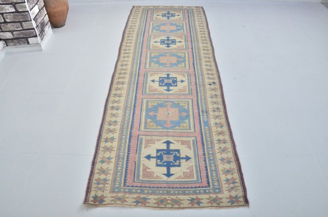Handmade Woven Pink and Blue Runner for sale at Pamono