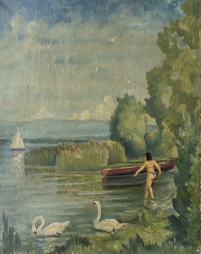 Jules Gaillepand, La baigneuse aux cygnes, Pointe à la Bise Genève, Oil ...