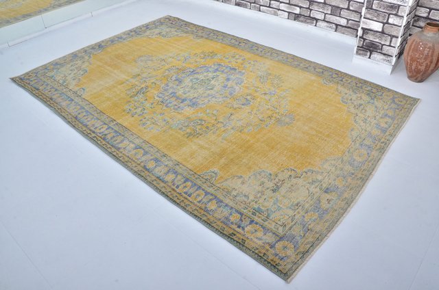 Vintage Modern Yellow & Blue Area Rug for sale at Pamono