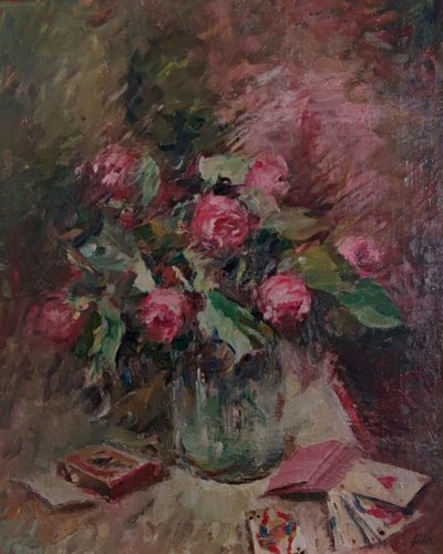 Henri Fehr, Nature morte au vase de roses et jeu de cartes, Oil on ...