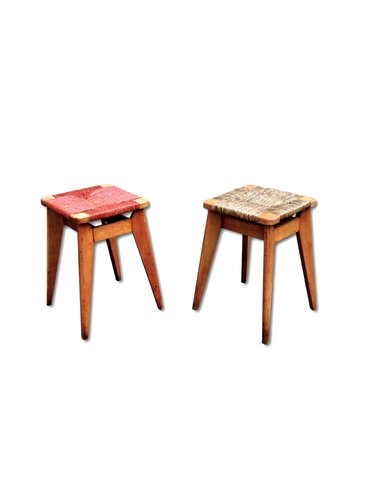 Set of Modernist Oak Stools with Colored Fiber Rush, 1950s for sale at ...