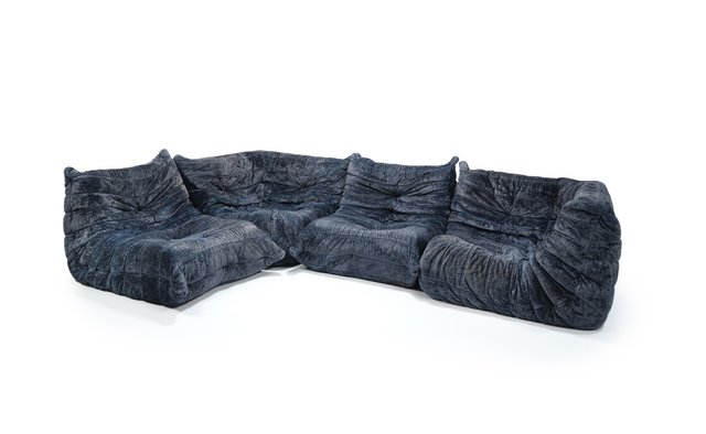 Canapé Togo Vintage Modulaire en Velours Côtelé Bleu Algue par Michel Ducaroy, 1980s, Set de 4 ...