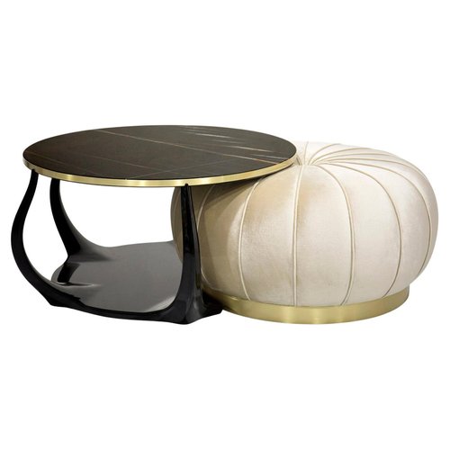 Wood, Marble and Velvet Coffee Table with Ottoman for sale at Pamono