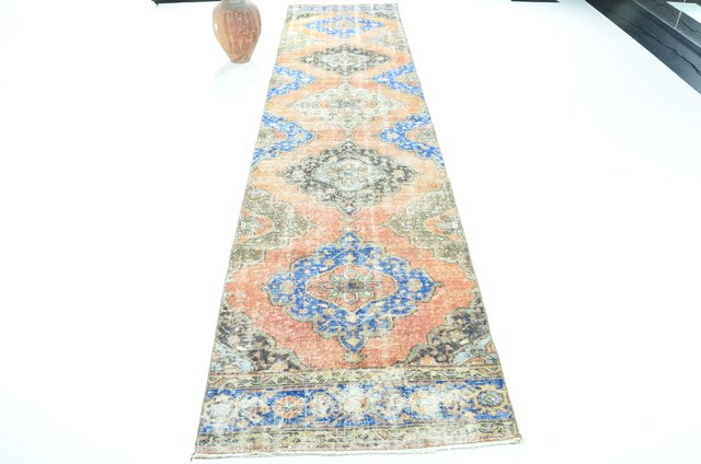 Orange & Blue Faded Overdyed Runner Rug for sale at Pamono