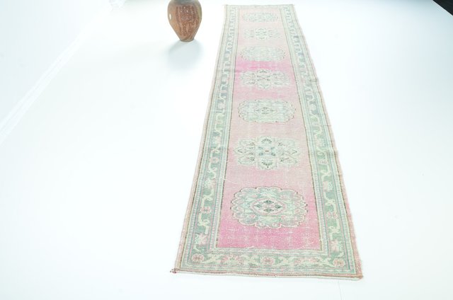 Long Pale Pink & Green Wool Runner Rug for sale at Pamono
