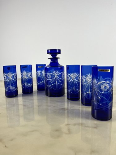 Italian Bottle and Colored Lead Crystal Glasses, 1980, Set of 7 for ...