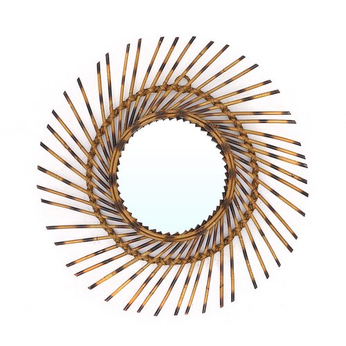Round Sun Mirror in Wicker, 1960s for sale at Pamono