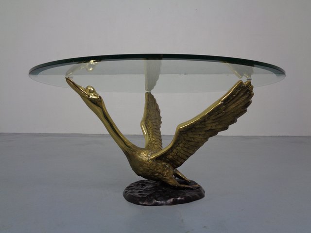 French Swan Coffee Table in Brass and Glass, 1960s for sale at Pamono