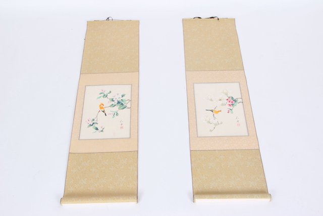 Chinese Scrolls Decorated with Flower Branches and Birds, Set of 2 for ...