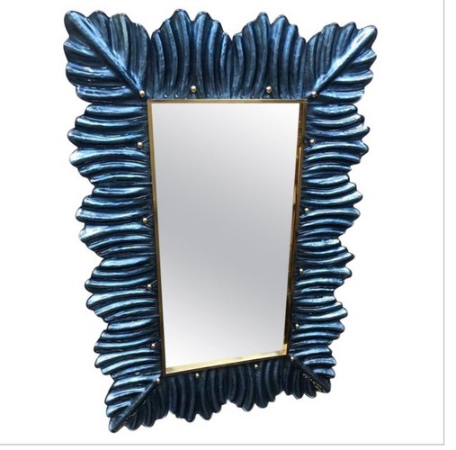 Blue Murano Glass and Brass Wall Mirror, 2000s for sale at Pamono