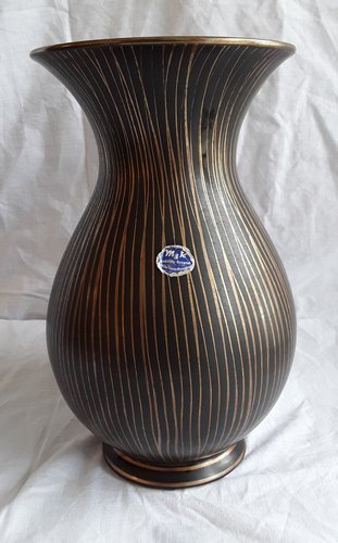Vintage GermanCeramic Vase in Matt Black Surface with Gold Lines by Marzi & Remy, Höhr ...
